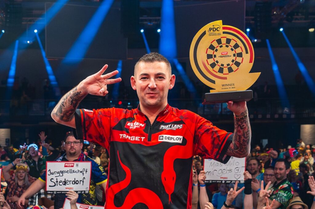 Nathan Aspinall completes European Tour hat-trick at the German Darts ...